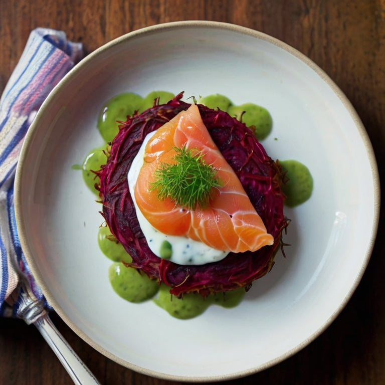 甜菜根羅斯蒂配綠色酸奶和煙三文魚